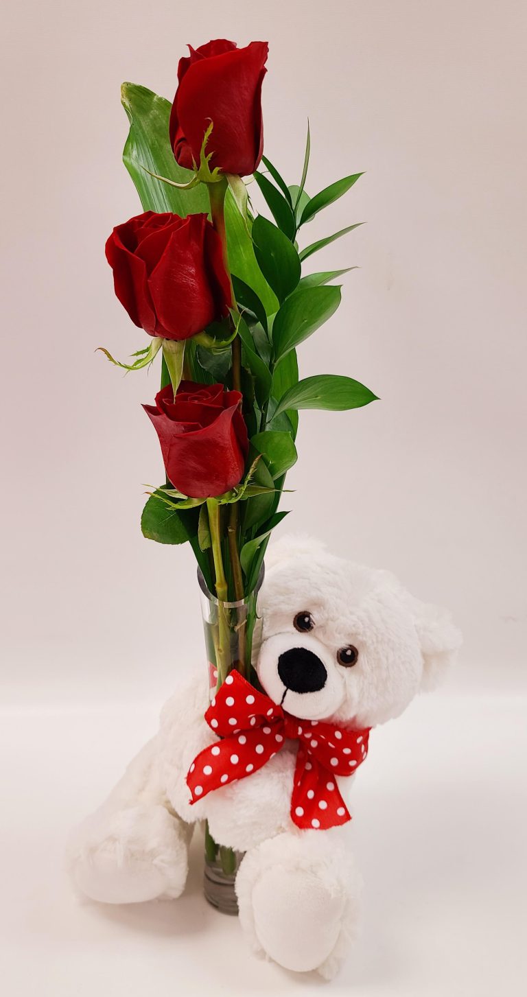 » Bouquet de 3 roses rouges en vase avec peluche attachée – ST06Les ...